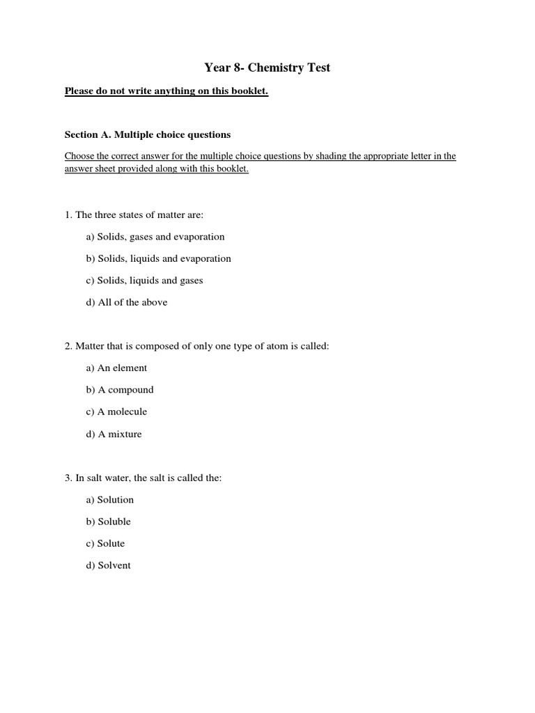 Year 8 Chemistry Test with Answer Sheet | Solution | Solubility