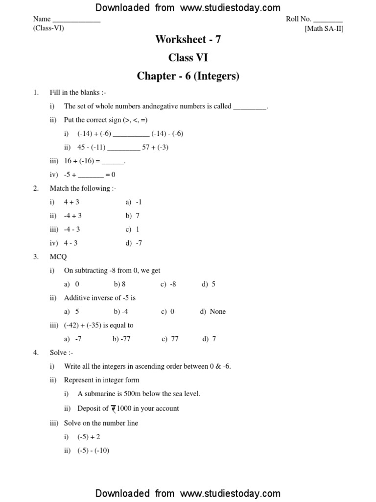 Class VI Integers Worksheet | PDF