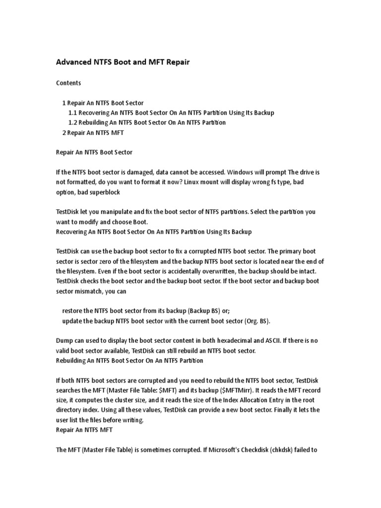 Advanced NTFS Boot and MFT Repair | PDF | Backup | Booting