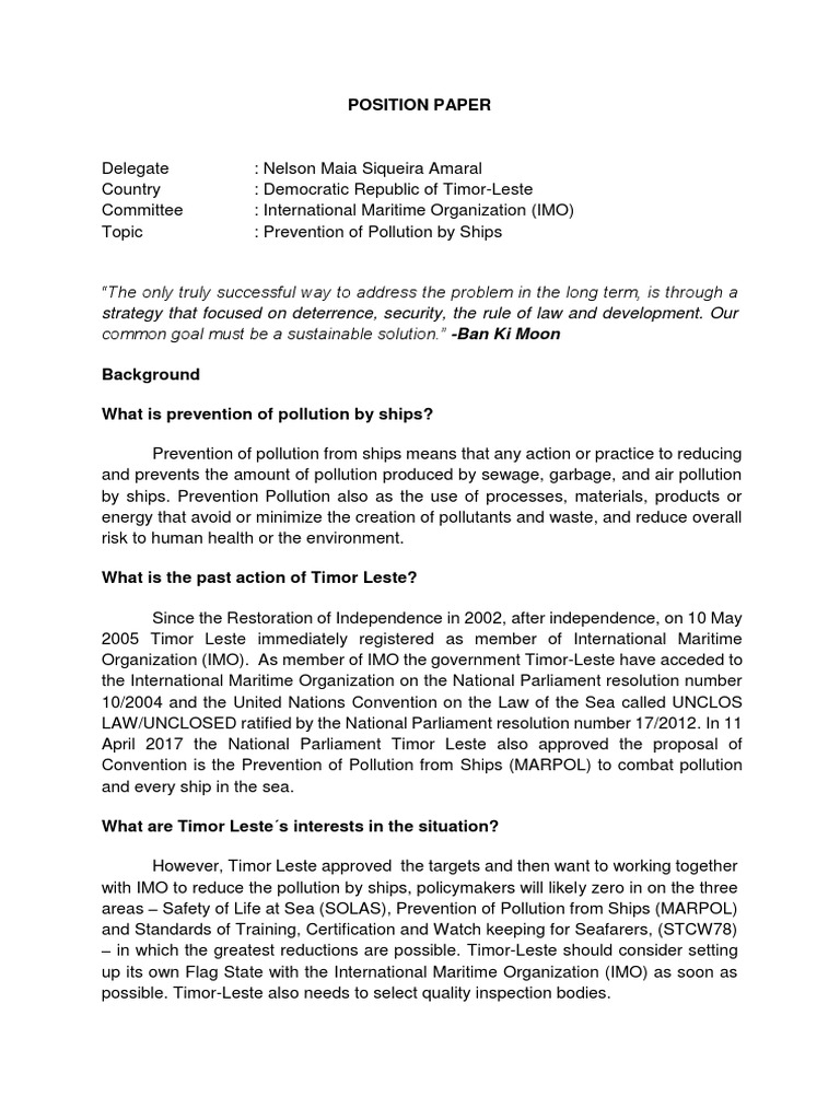 Position Paper From Delegate of Timor Leste | PDF | Air Pollution ...