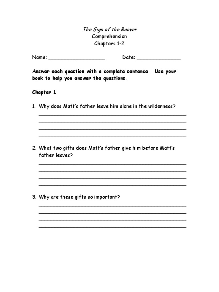 The Sign of the Beaver Quiz | PDF | Reading Comprehension