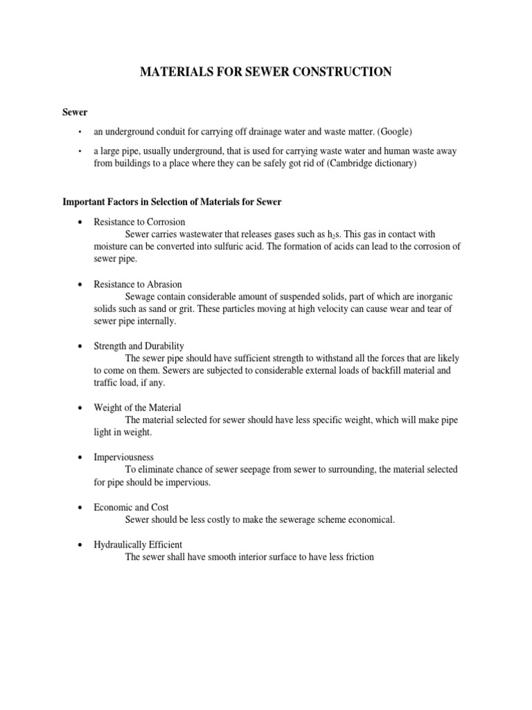 Sewer Construction Material Guide | PDF | Sanitary Sewer | Pipe (Fluid ...