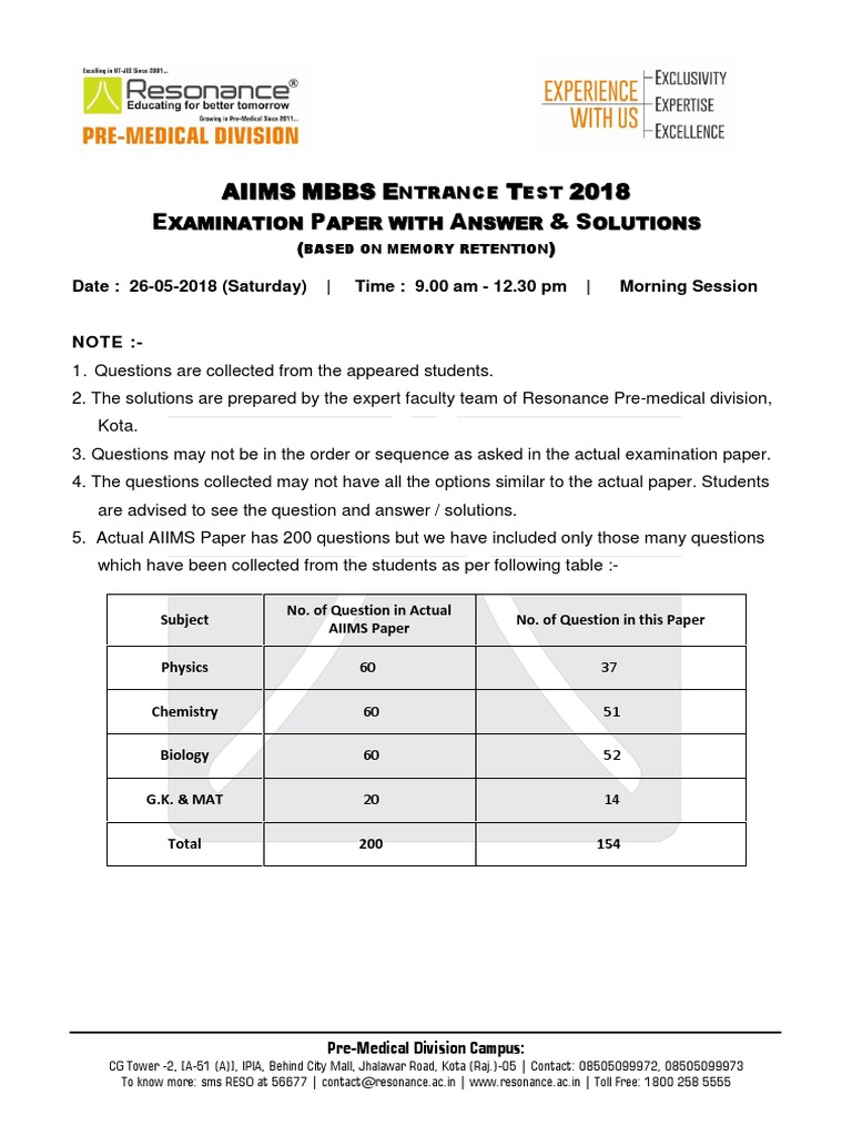 Resonance AIIMS Question Paper and Answer Key PDF | PDF | Amplitude ...