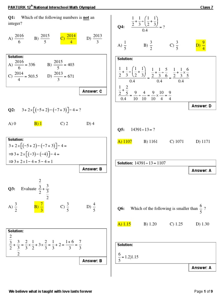 12th National ISMO Class 7 Question Paper With Solutions | PDF | Area ...