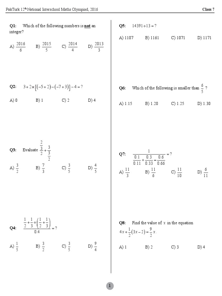 12th National ISMO Class 7 Question Paper | PDF | Area | Rectangle