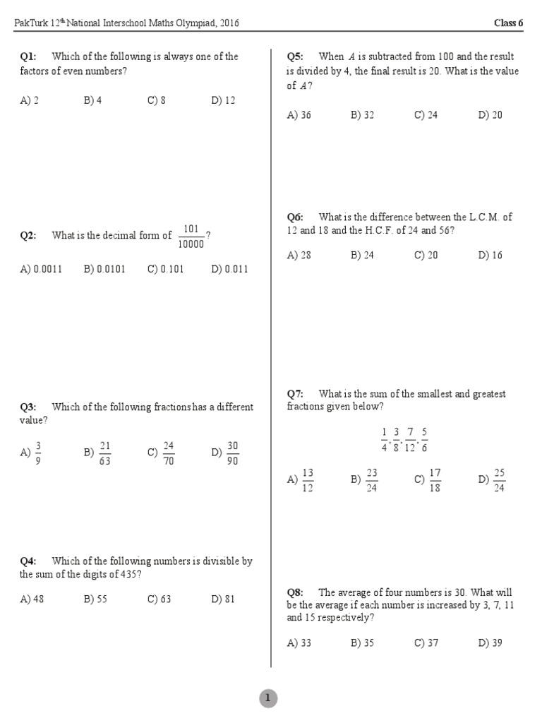 12th National ISMO Class 6 Question Paper | PDF | Area | Rectangle