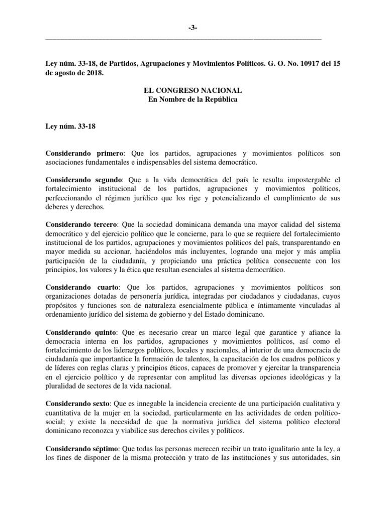 Ley Núm. 33-18, de La República Dominicana | PDF | Democracia ...