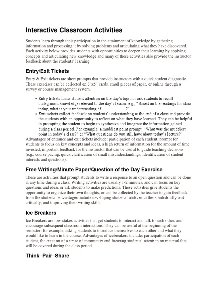Interactive Classroom Activities: Entry/Exit Tickets | PDF | Case Study ...