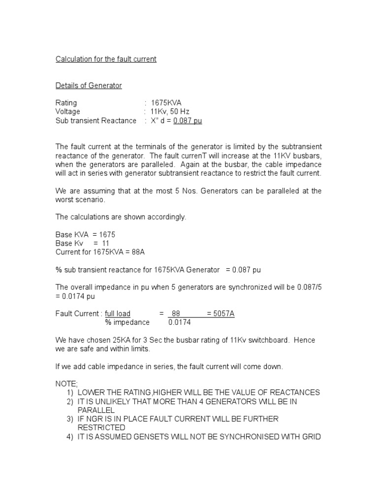 Calculating Fault Current at Generator Terminals and Busbars When ...