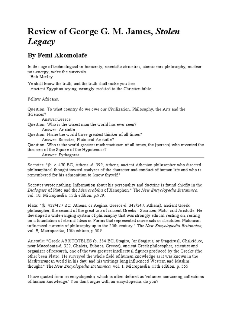 Review of George G. M. James, Stolen Legacy | PDF | Socrates | Ancient ...
