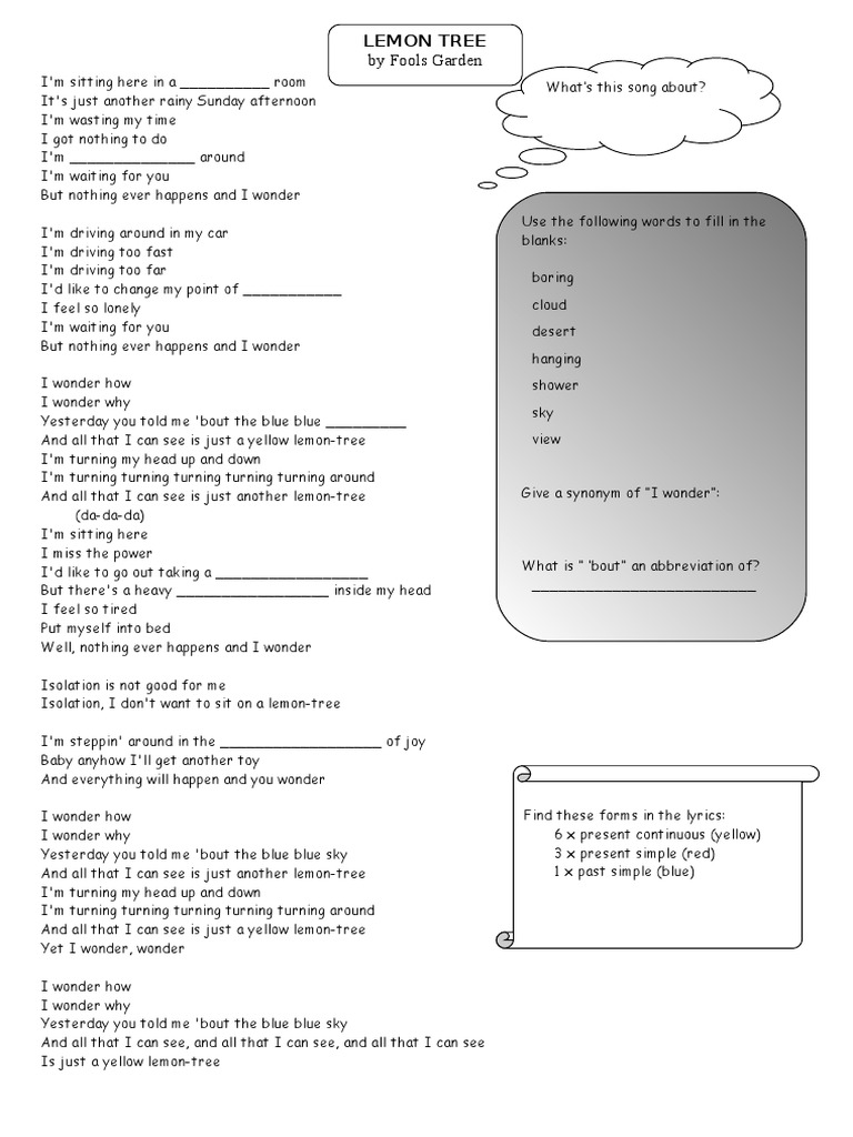 Song Worksheet Lemon Tree Activities With Music Songs Nursery Rhymes ...
