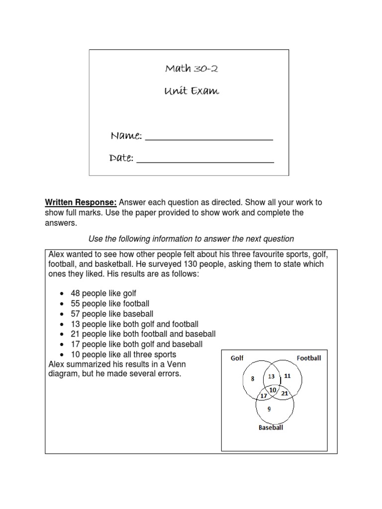 Math 30-2 Unit Exam (#1) (Written) | PDF | Question | Behavior Modification