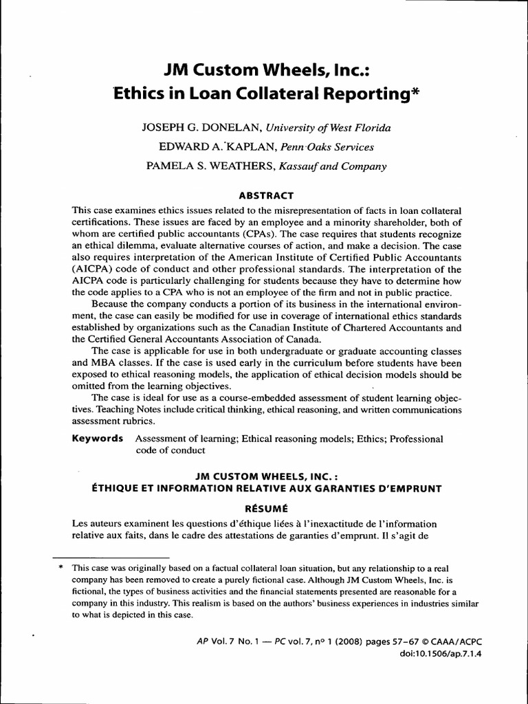 JM Custom Wheels, Inc.: Ethics in Loan Collateral Reporting | PDF ...