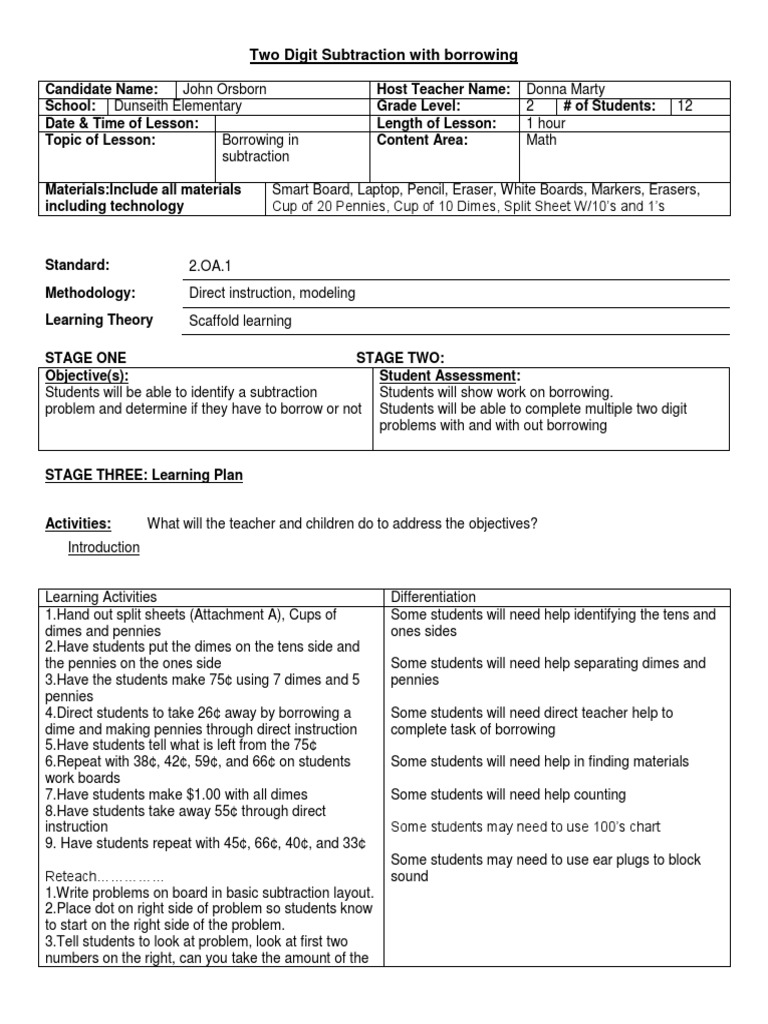 Two Digit Subtraction | PDF | Lesson Plan | Cognitive Science