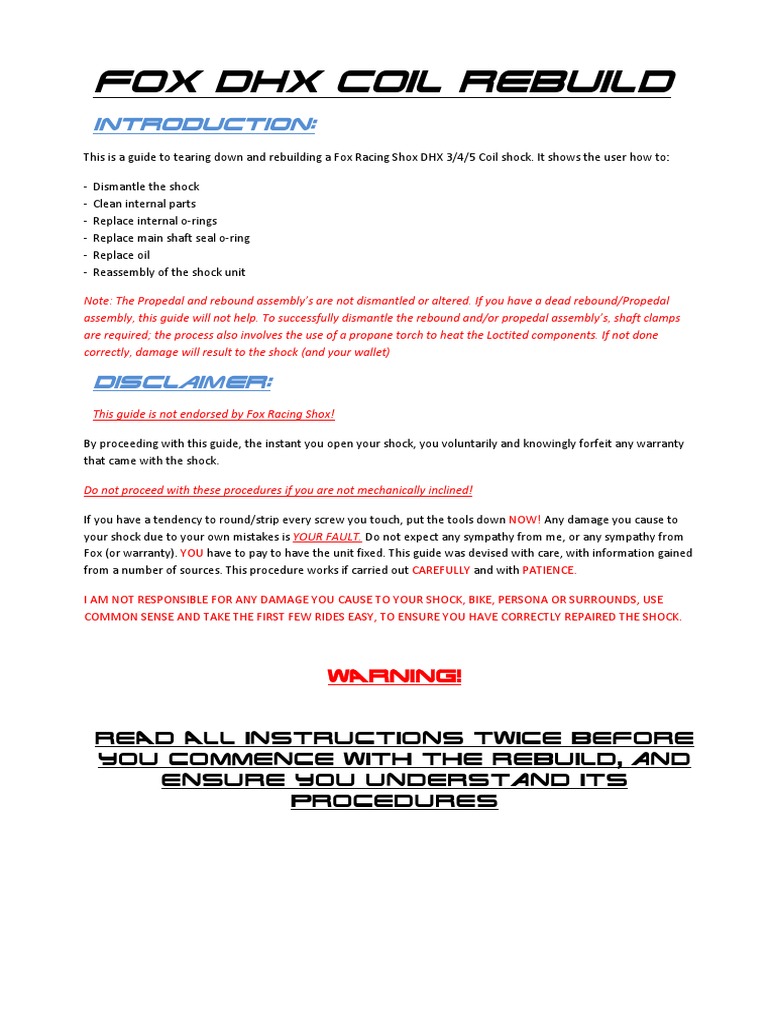 Fox Shox DHX Coil Rebuild Guide - Version 3 | PDF | Piston ...