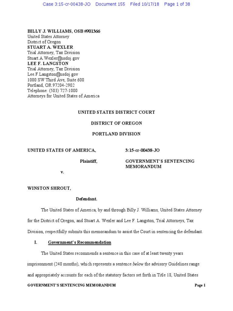 Winston Shrout Sentencing Memorandum | PDF | United States Federal ...