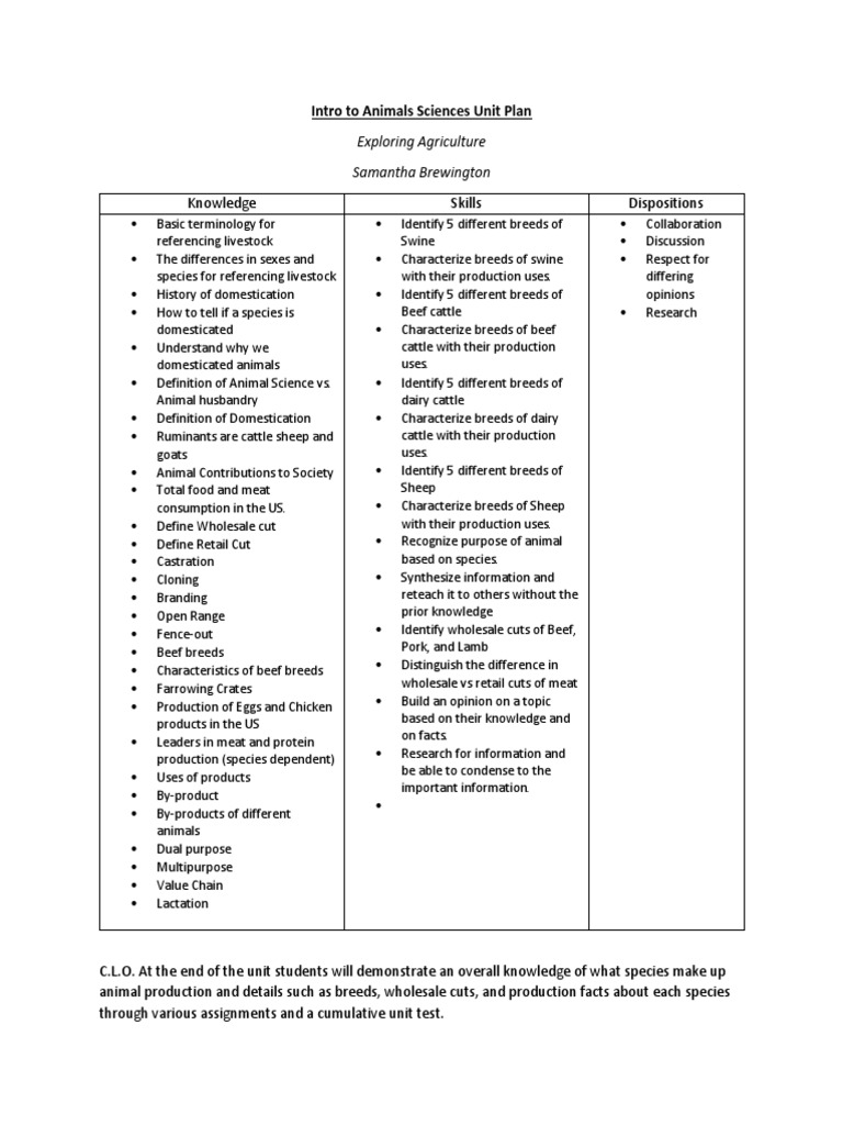 Intro To Animals Sciences Unit Plan | PDF | Cattle | Sheep