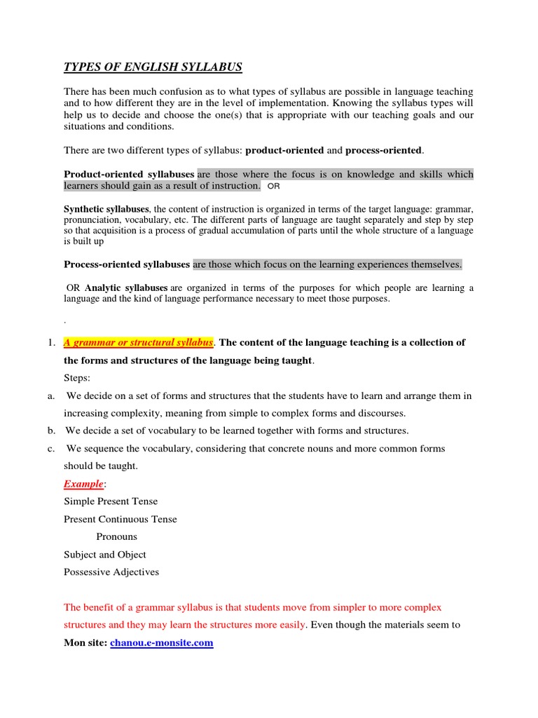Types of English Syllabus Explained | PDF | Language Education | Second ...
