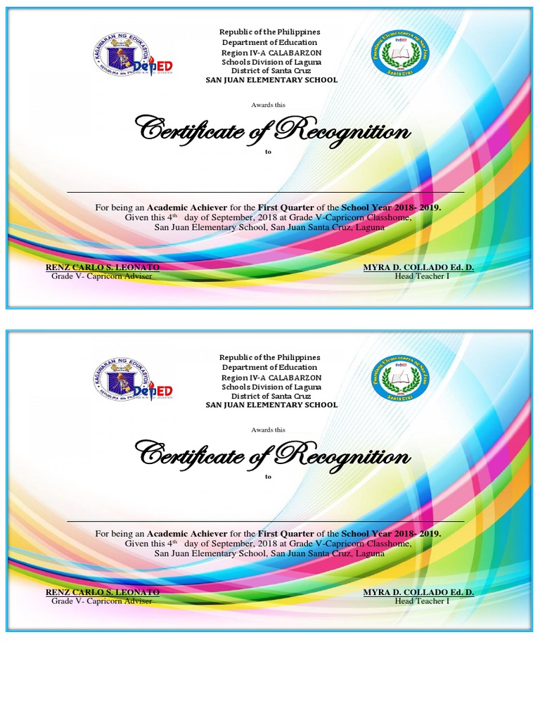 Certificate of Recognition: San Juan Elementary School | PDF