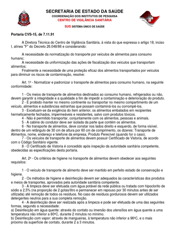 Portaria CVS-15 - de 07 de Novembro de 1991 PDF | PDF | Desinfetante | Alimentos