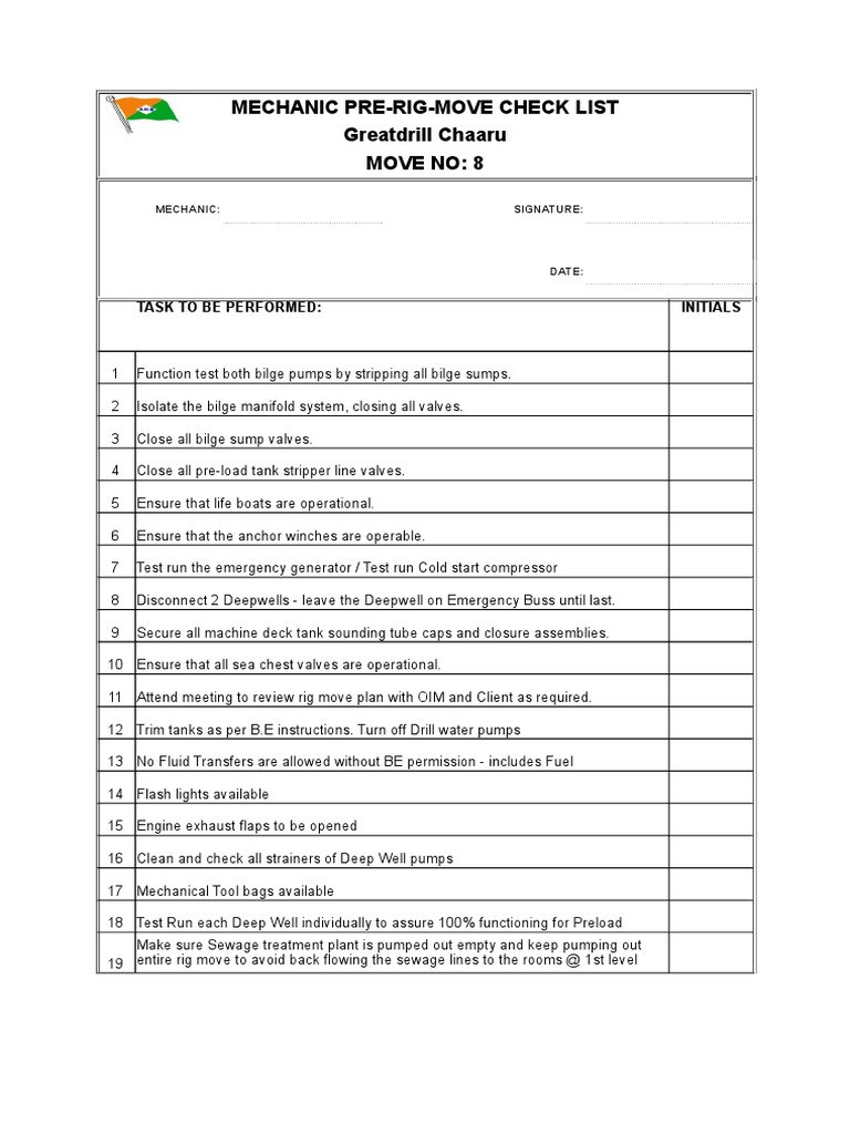 Mechanic Pre-Rig-Move Check List Greatdrill Chaaru Move No: 8 | PDF ...