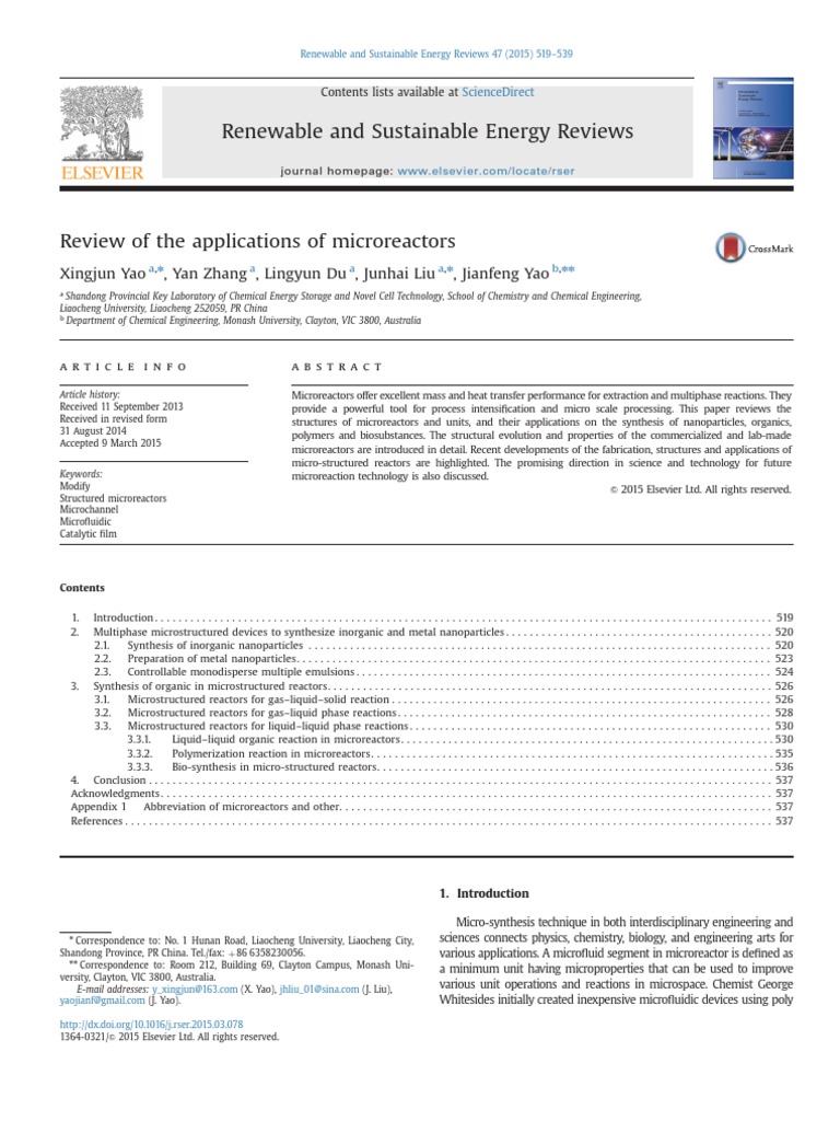 Applications of Microreactors Reviewed | PDF | Nanoparticle | Microfluidics