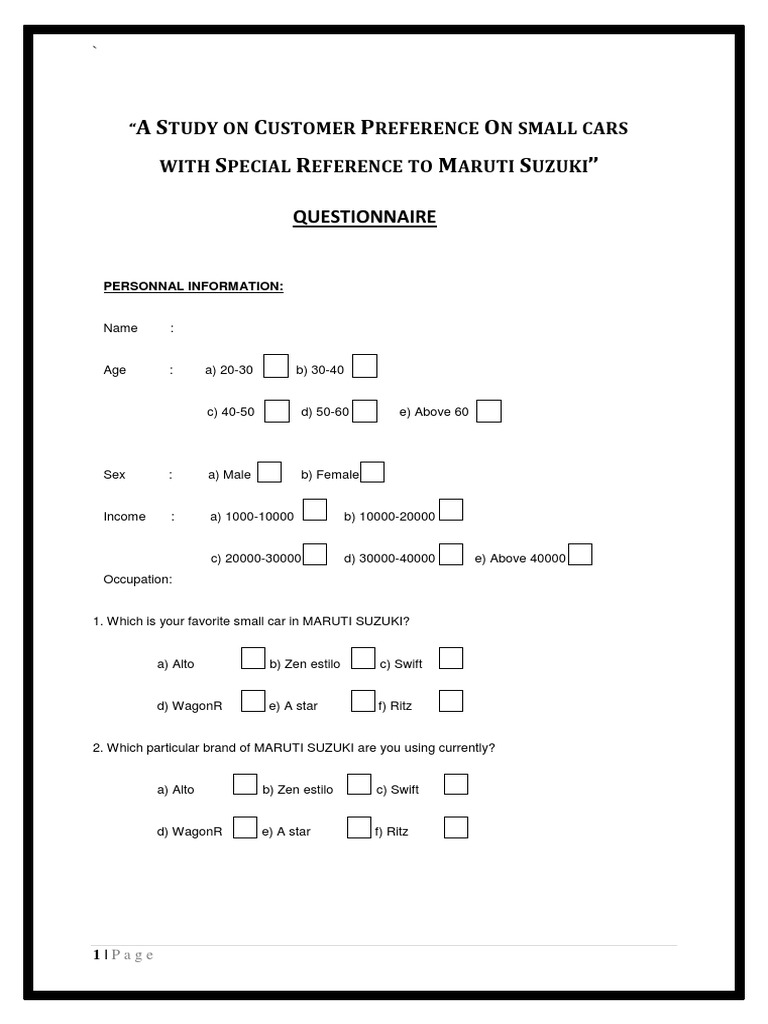 Maruti Questionnaire | PDF | Car | Land Vehicles