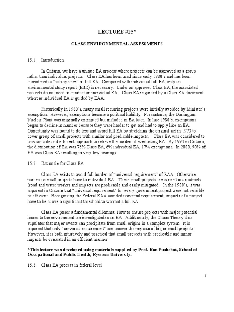 Class Environmental Assessments: LECTURE #15 | PDF | Environmental ...