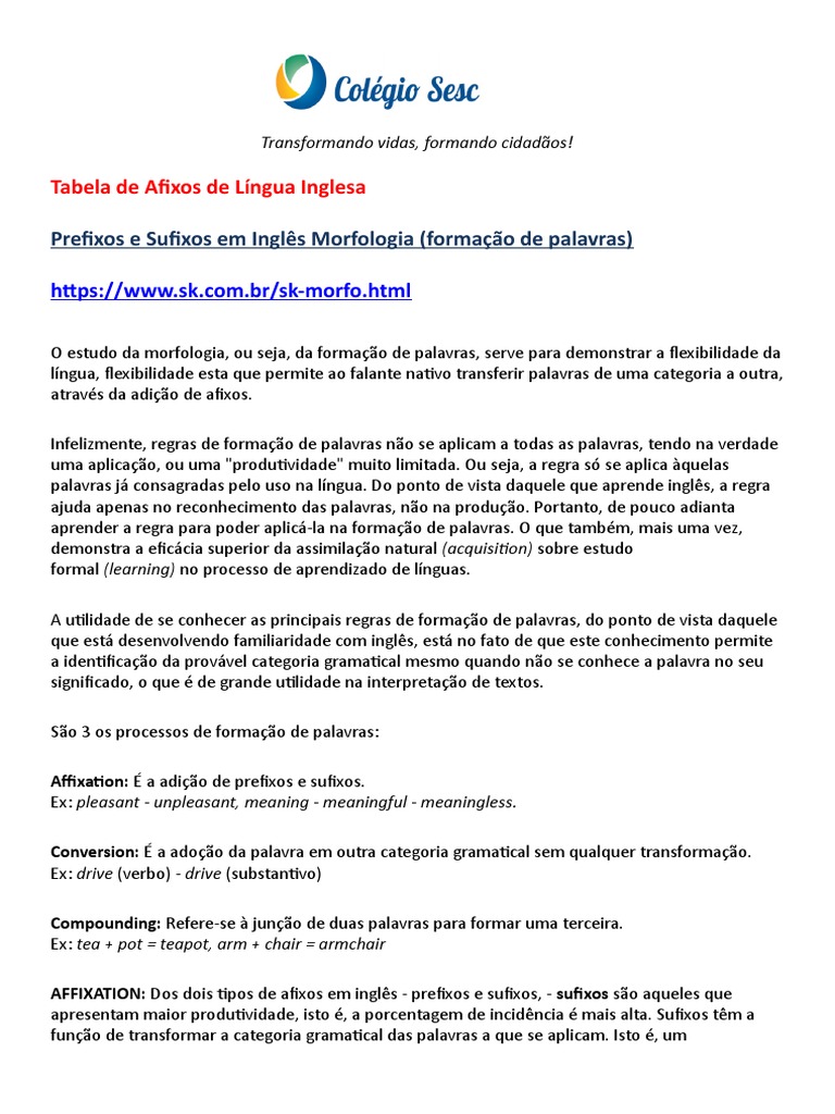 Tabela de Afixos Prefixos e Sufixos Em Inglês Morfologia Formação de ...