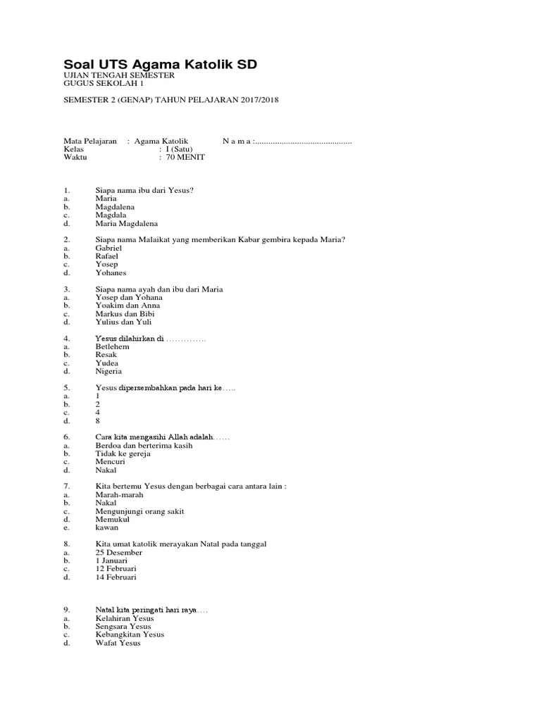 Soal UTS Agama Katolik SD | PDF