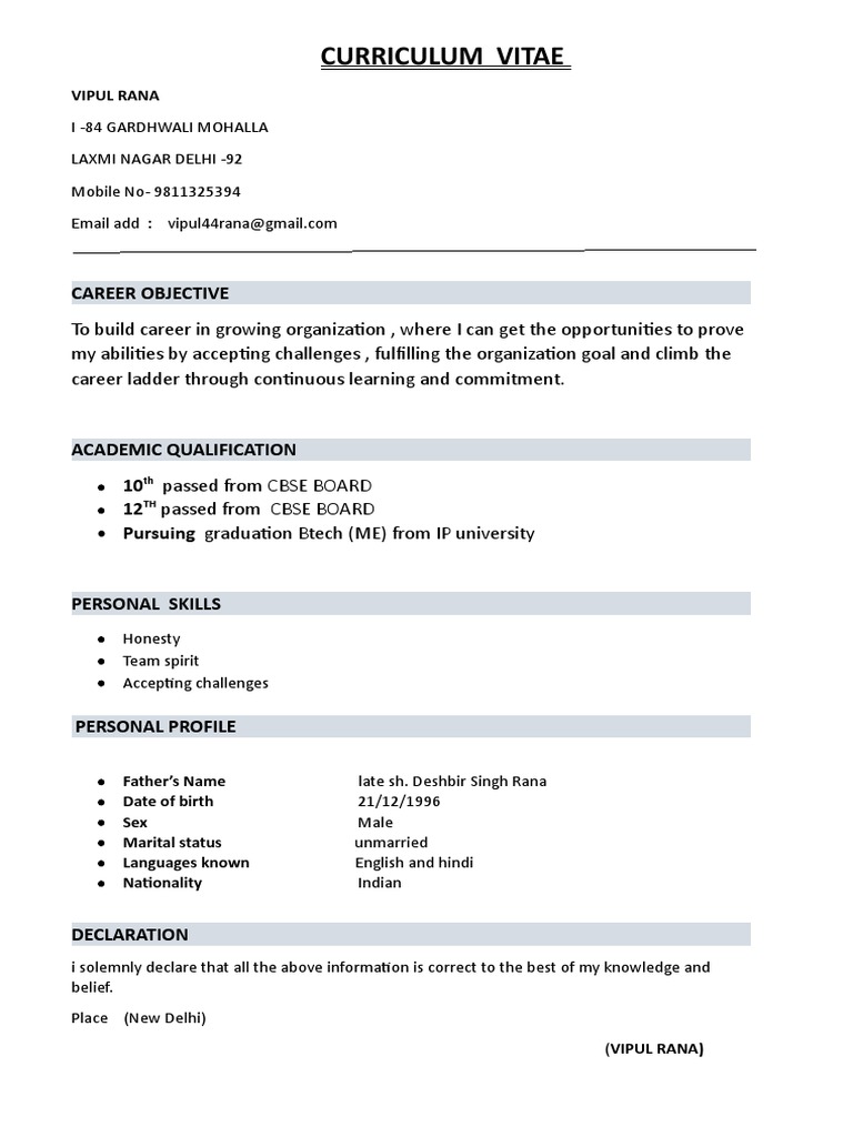 Curriculum Vitae: Career Objective | PDF