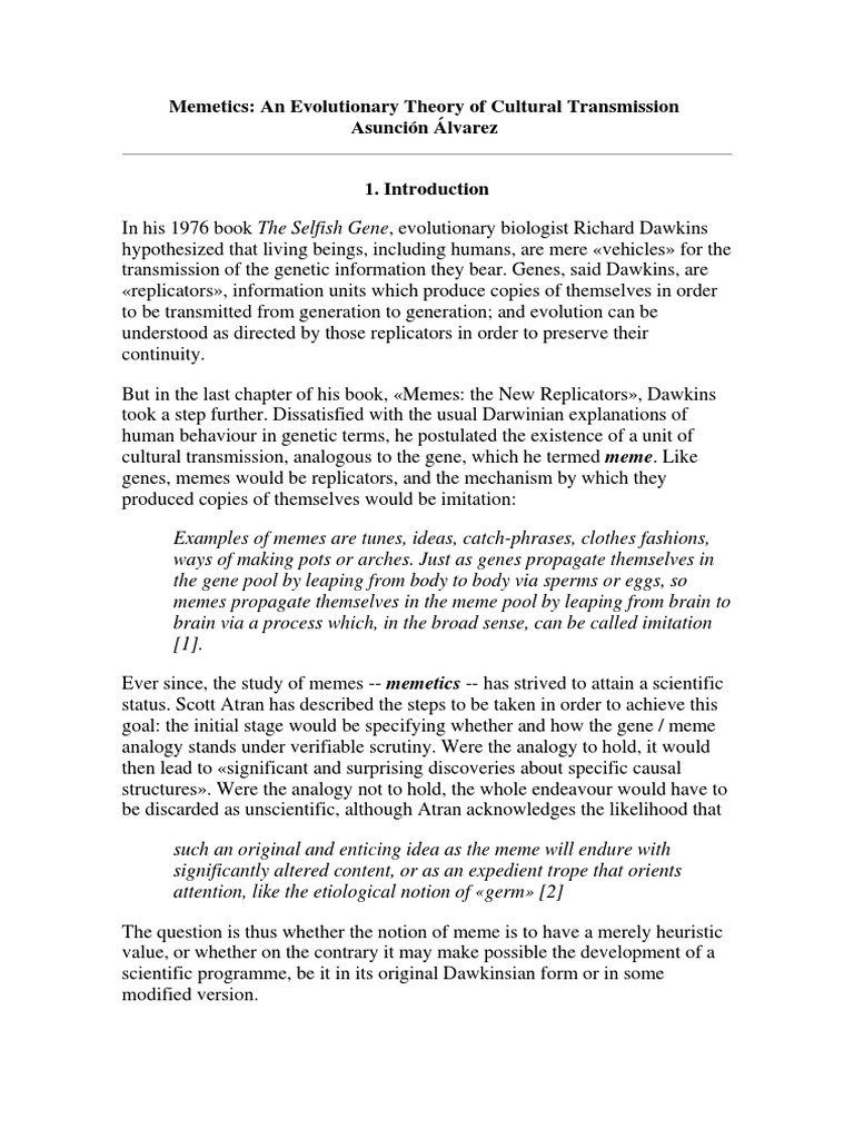 Memetics: An Evolutionary Theory of Cultural Transmission Asunción ...