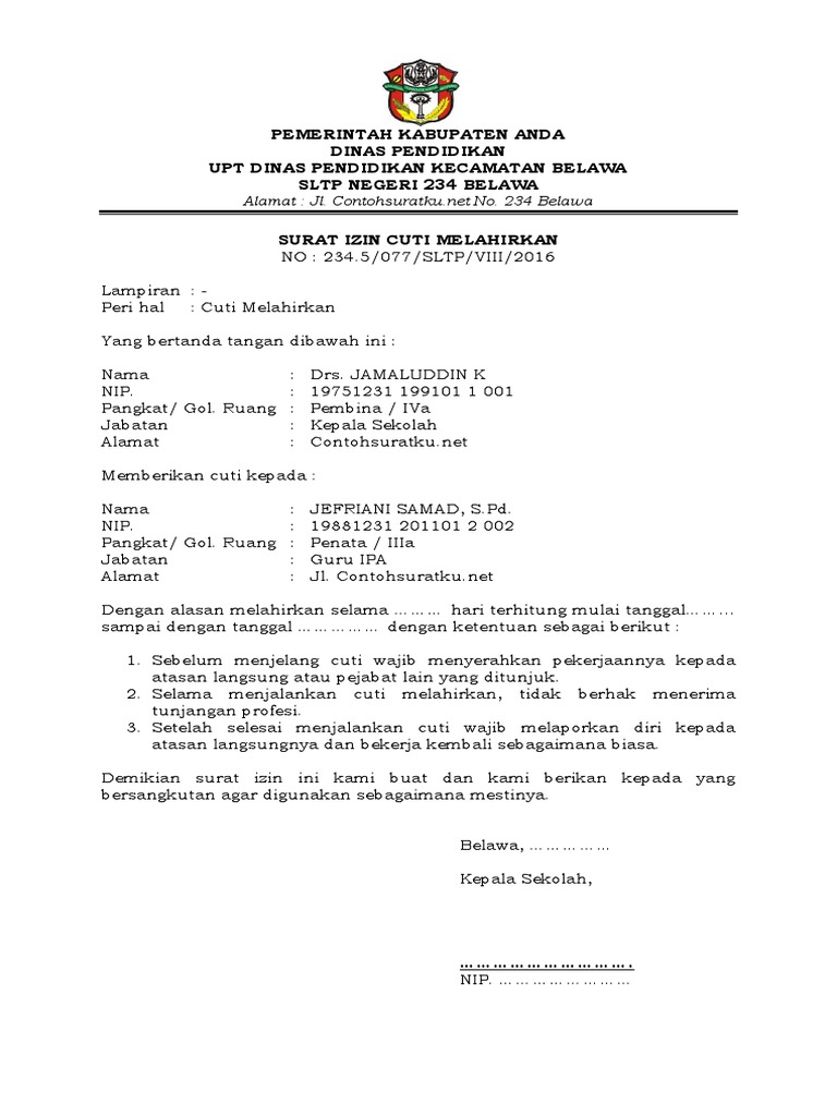 Surat Izin Cuti Melahirkan Guru PNS | PDF