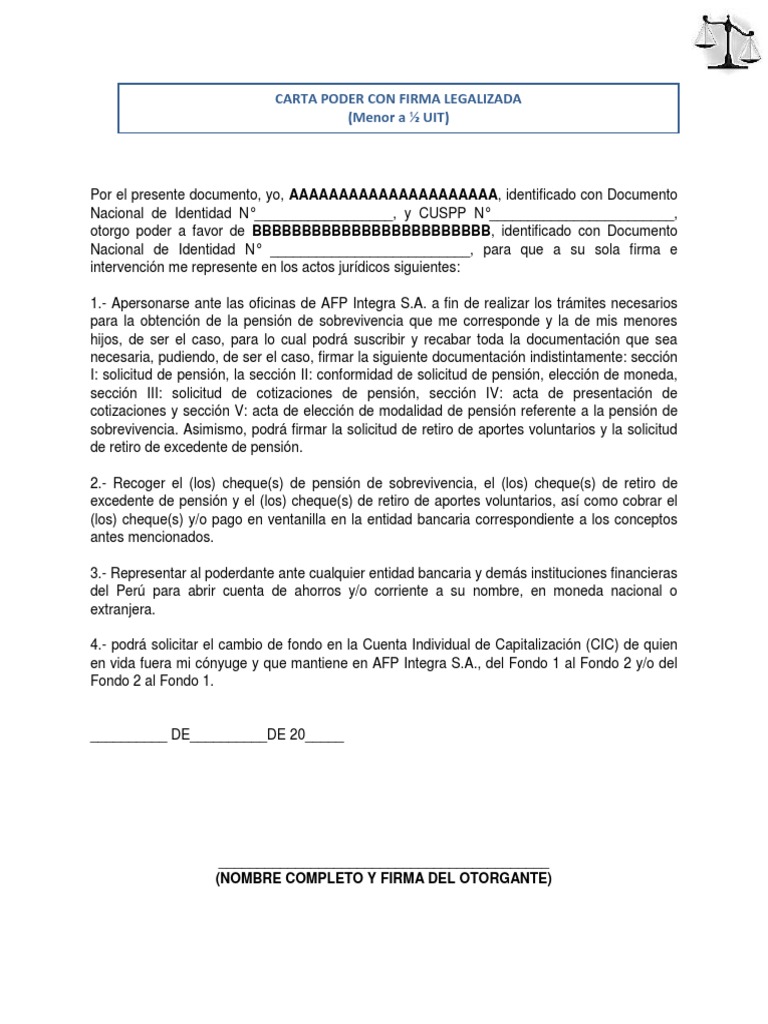 Carta Poder Con Firma Legalizada1 | PDF | Pensión | Cheque