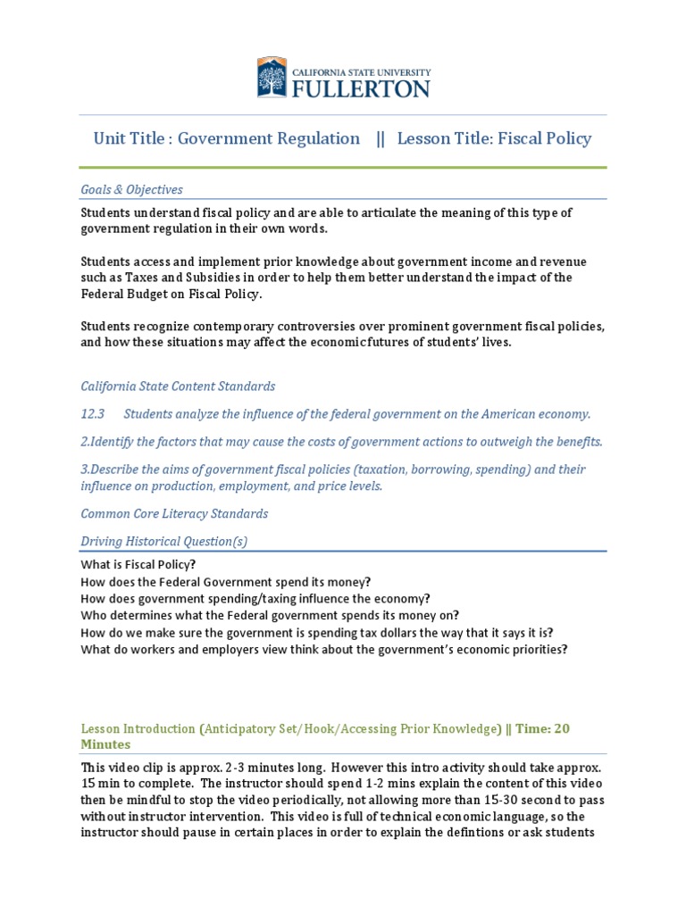 Fiscal Policy Reading Social Studies Lesson Plan | PDF | Fiscal Policy ...