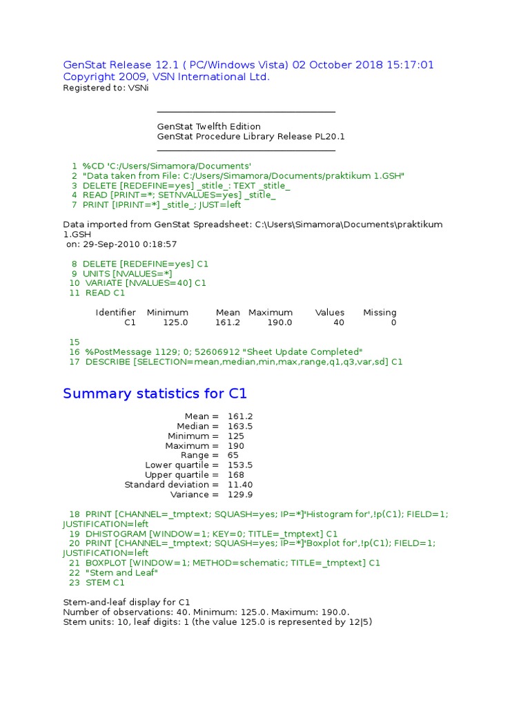 Summary Statistics For C1: Genstat Release 12.1 (Pc/Windows Vista) 02 ...