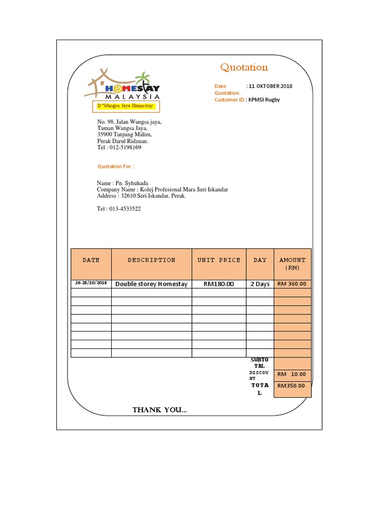Homestay Quotation 2018 Aidil | PDF