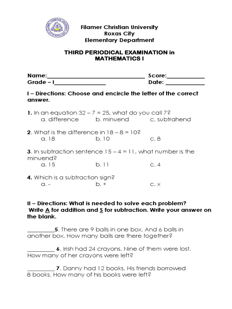 3rd Exam Math | PDF | Subtraction | Numbers
