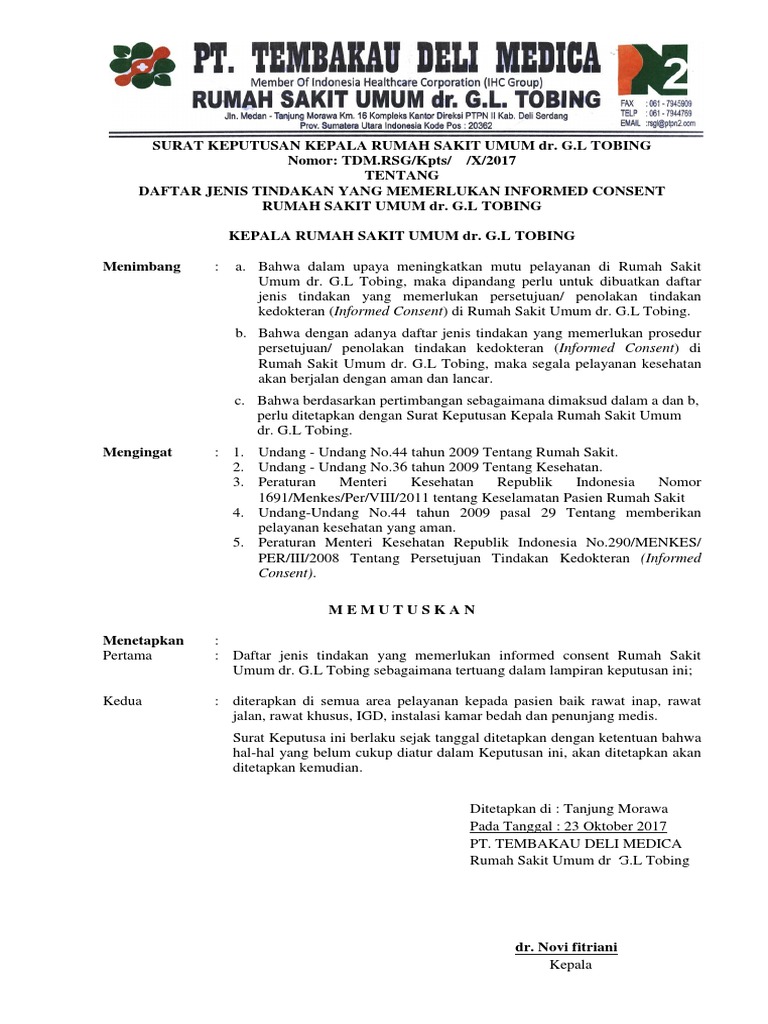 SK Daftar Jenis Tindakan Perlu Informed Consent - Final (#Nci) | PDF