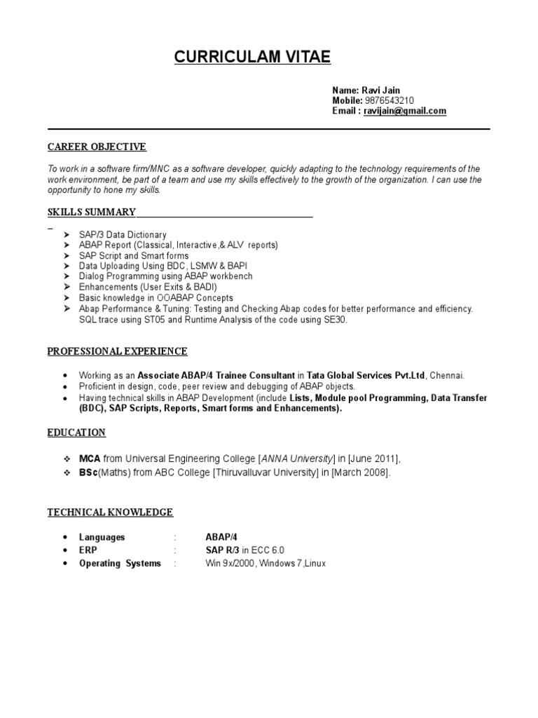 SAP ABAP Developer Resume Format | PDF | Invoice | Areas Of Computer Science