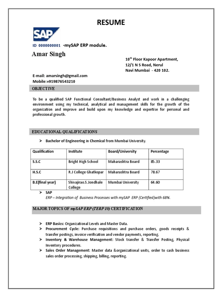 SAP SD Resume Format | PDF | Sap Se | Enterprise Resource Planning