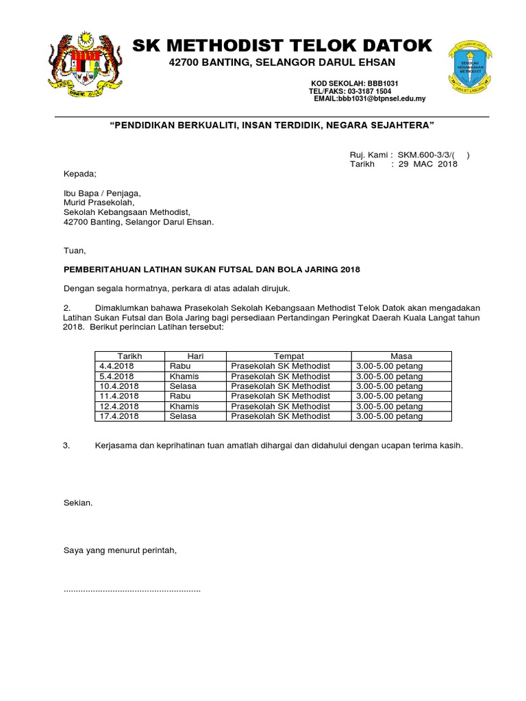 Surat Pemberitahuan Latihan Sukan | PDF