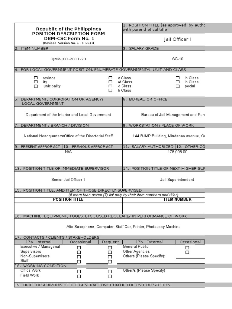 Republic of The Philippines Position Description Form DBM-CSC Form No ...