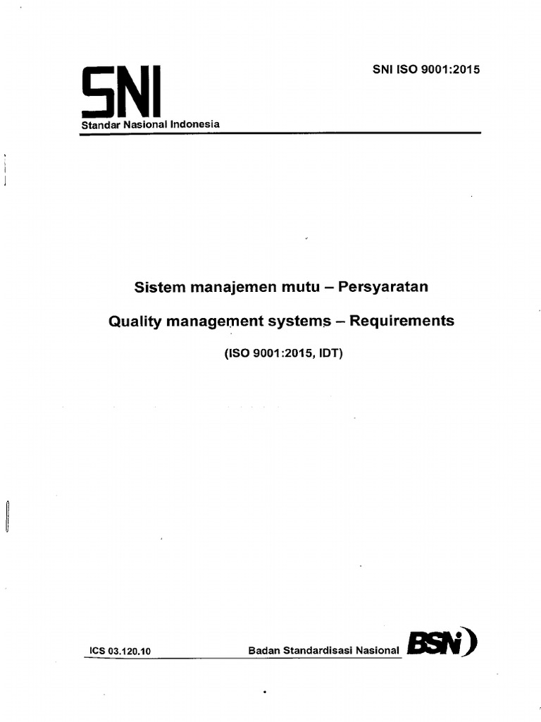 Sni Iso 9001 Versi 2015 Dua Bahasa (English - Indonesian) | PDF