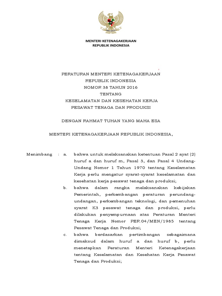 Permen 38 Tentang k3 PTP | PDF