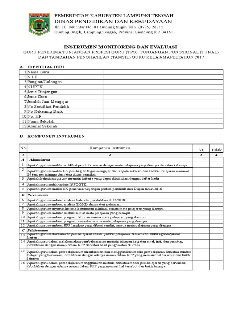 Instrumen Monev Guru TPG 2017 | PDF | Karier & Perkembangan