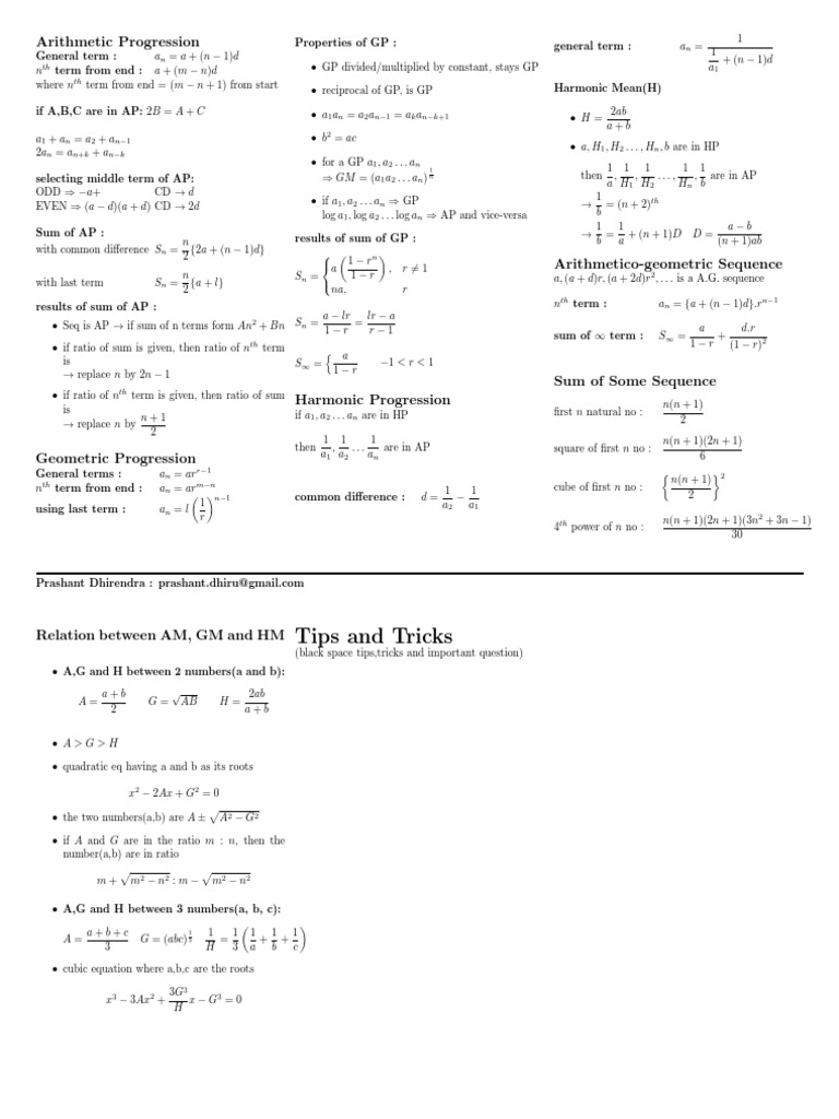 AP GP HP cheatsheet | Analysis | Elementary Mathematics