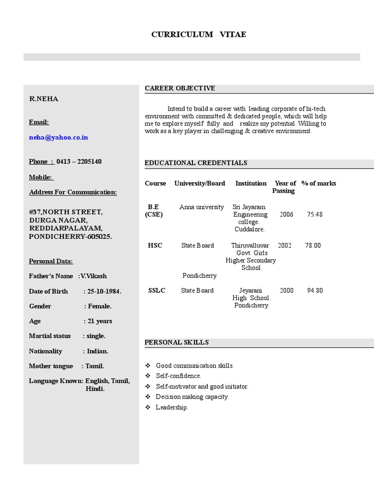 R. Neha's Curriculum Vitae: A Comprehensive Summary of Educational Qualifications, Work ...