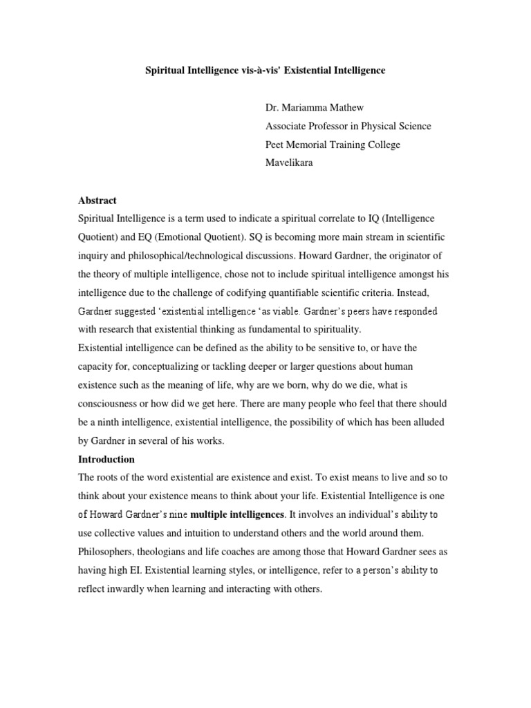 Spiritual Intelligence Vis A Vis Existential Intelligence | PDF ...