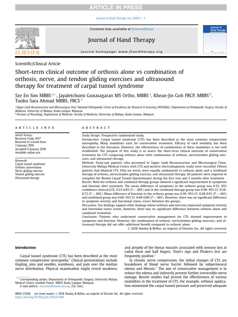 Journal of Hand Therapy: Scienti Fic/clinical Article | PDF | Carpal ...